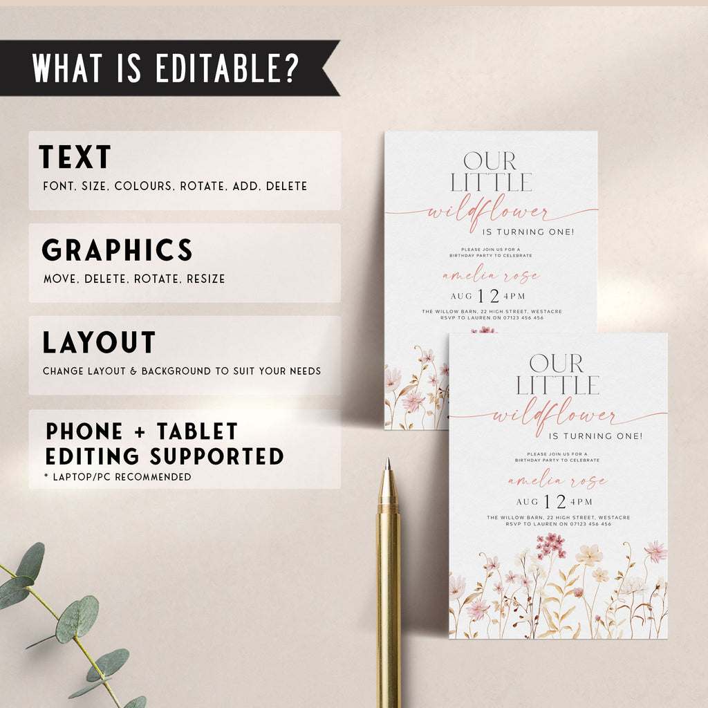 Boho Style One Little Wildflower Invitation Editable Template ...