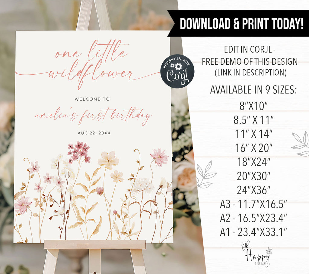 One Little Boho Wildflower Welcome Sign Editable Template ...