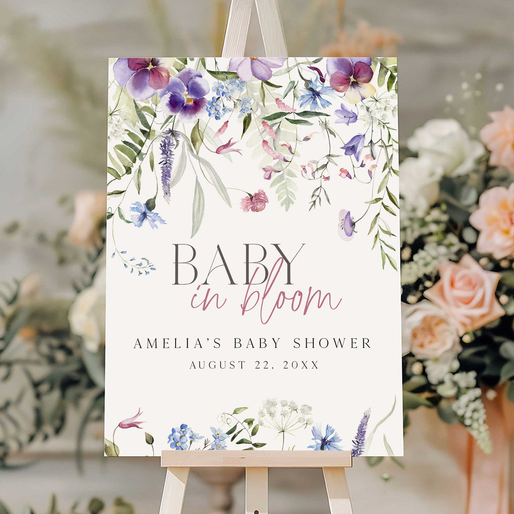 Baby In Bloom Purple Welcome Sign Editable Template – OhHappyPrintables