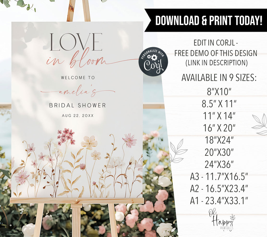 Editable Boho Wildflower Bridal Shower Welcome Sign – OhHappyPrintables