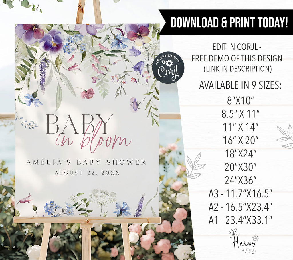 Baby In Bloom Purple Welcome Sign Editable Template – OhHappyPrintables
