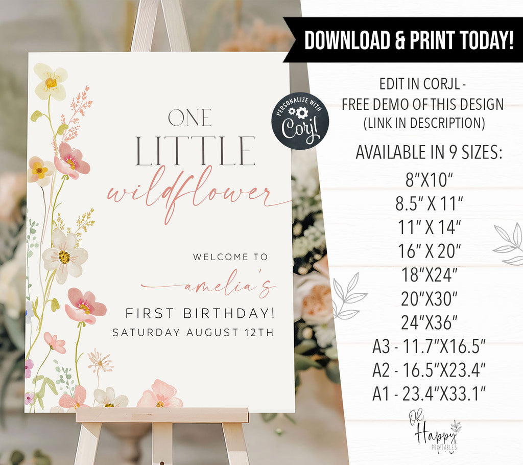 One Little Wildflower Welcome Sign Editable Template – OhHappyPrintables