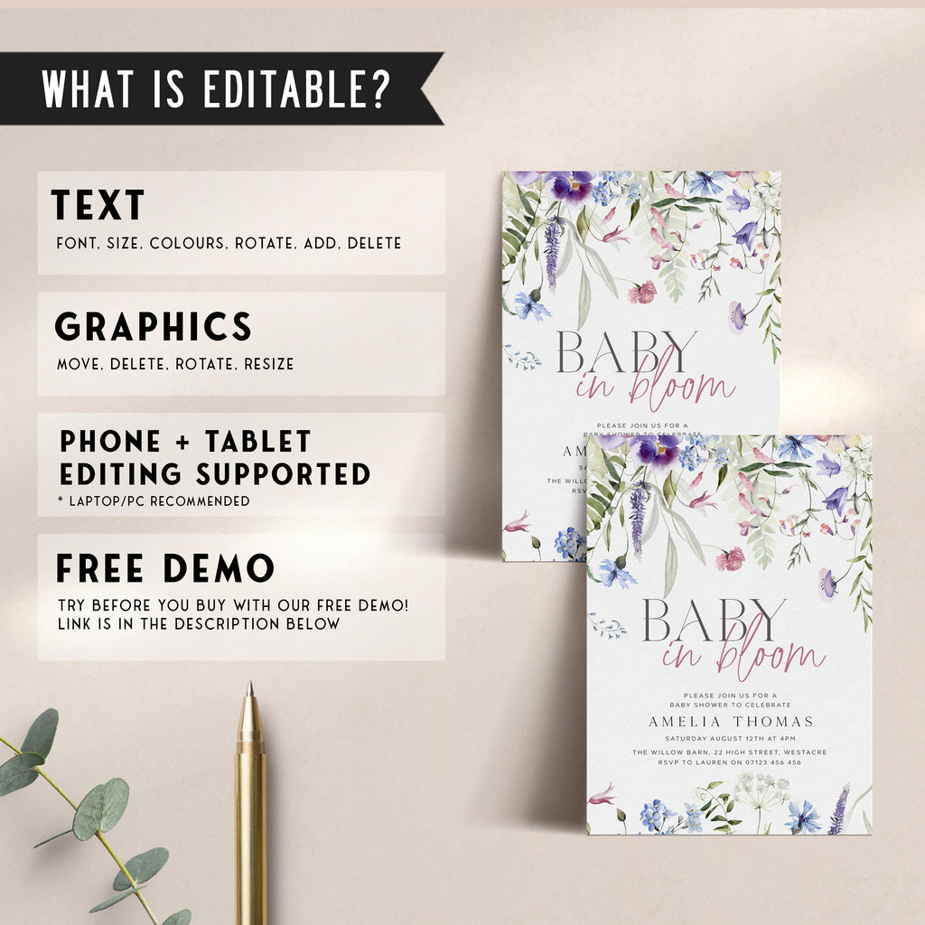 Purple Baby In Bloom Invitation Editable Template – OhHappyPrintables