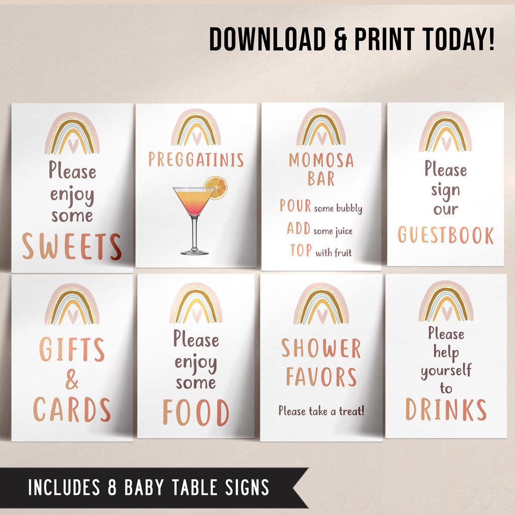 8 Baby Shower Table Signs - Boho Rainbow Printable Baby Shower Signs ...