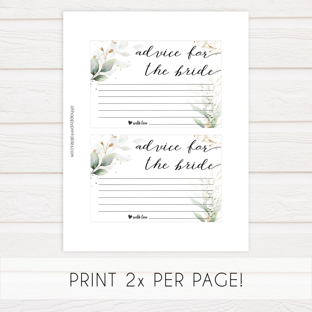 Advice for the Bride Cards - Printable Gold Leaf Bridal Shower Games ...