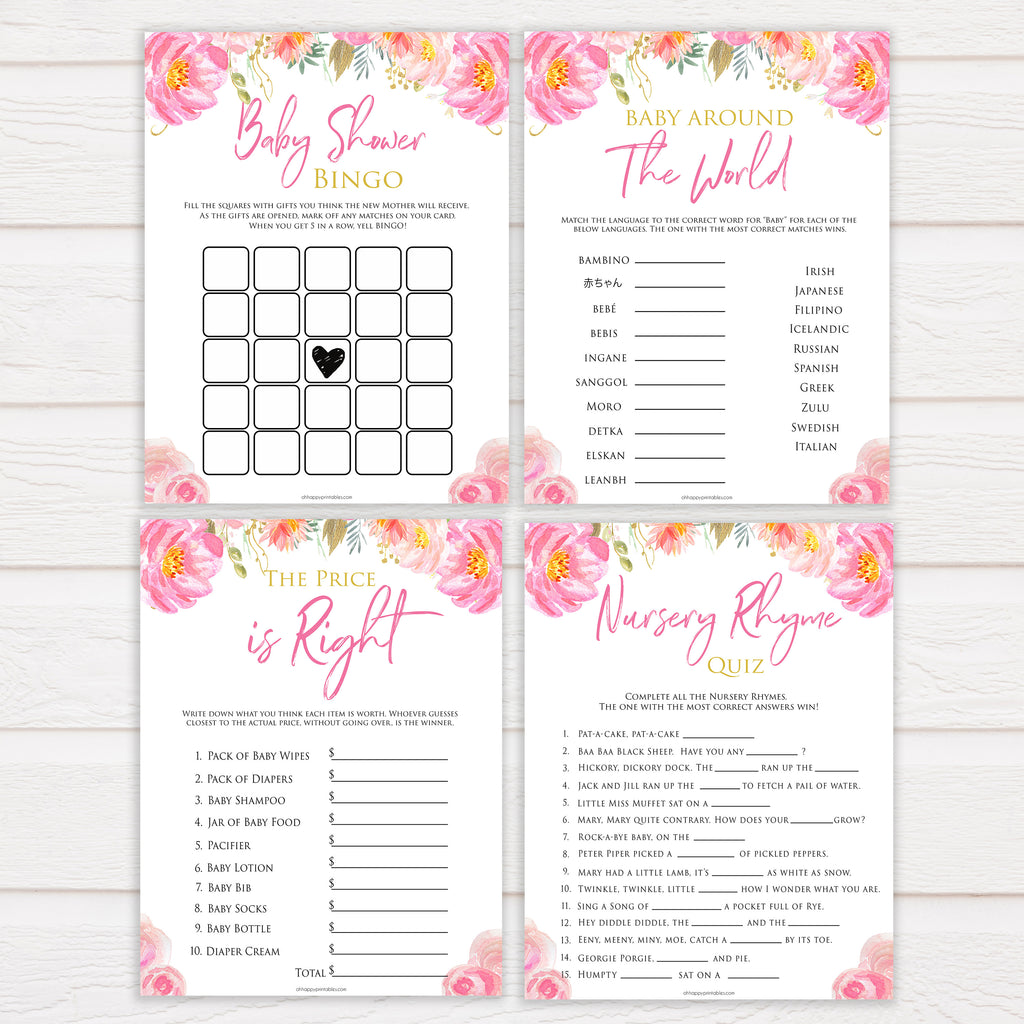 7 Pink Blush Floral Baby Shower Games Bundle - Printable Baby Games ...