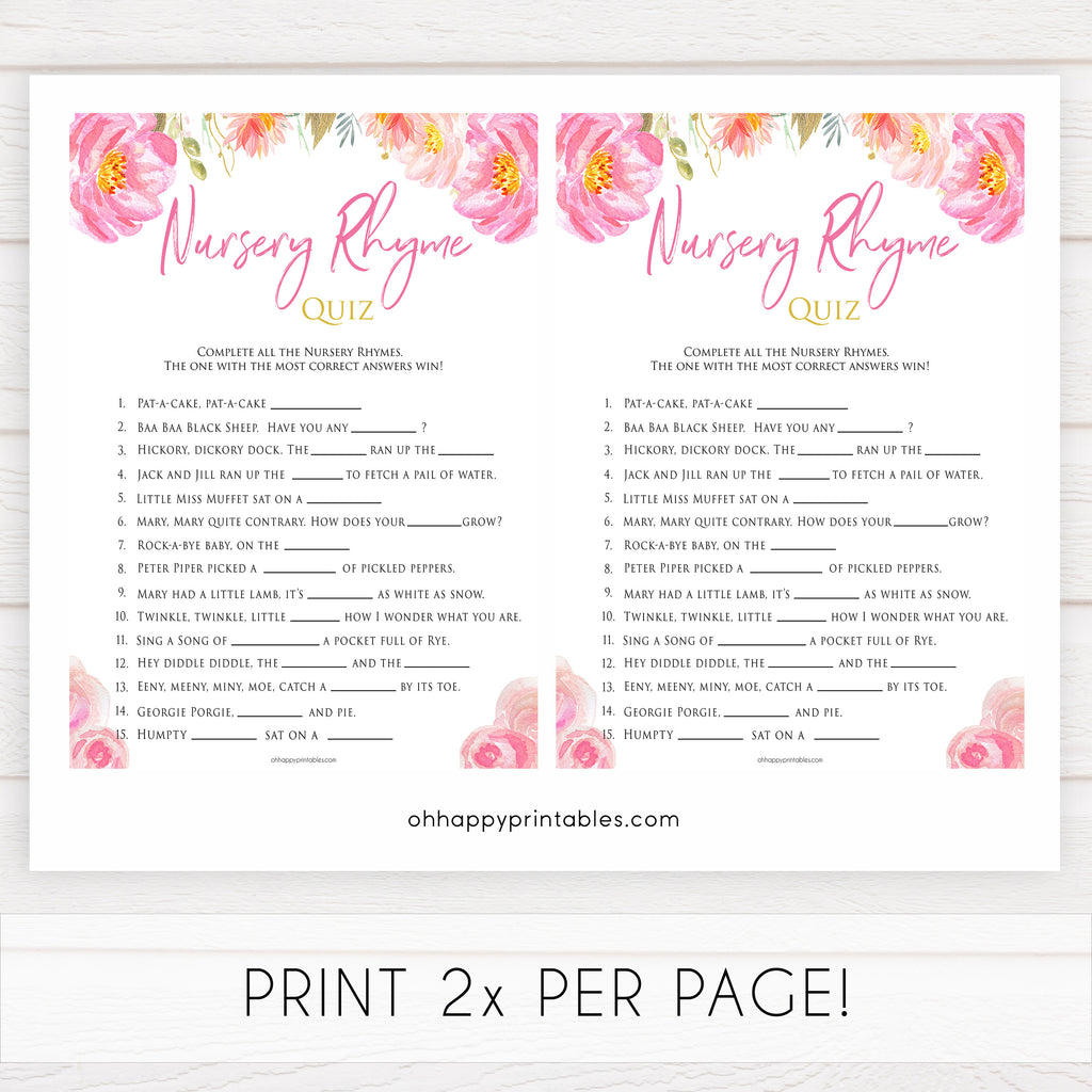 Nursery Rhyme Quiz Game - Pink Blush Floral Printable Baby Games ...