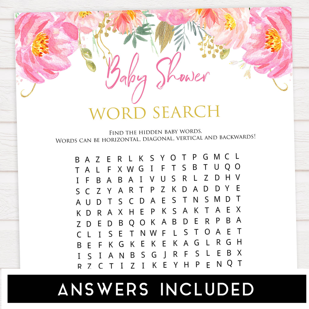 Baby Word Search - Printable Blush Floral Baby Shower Games ...