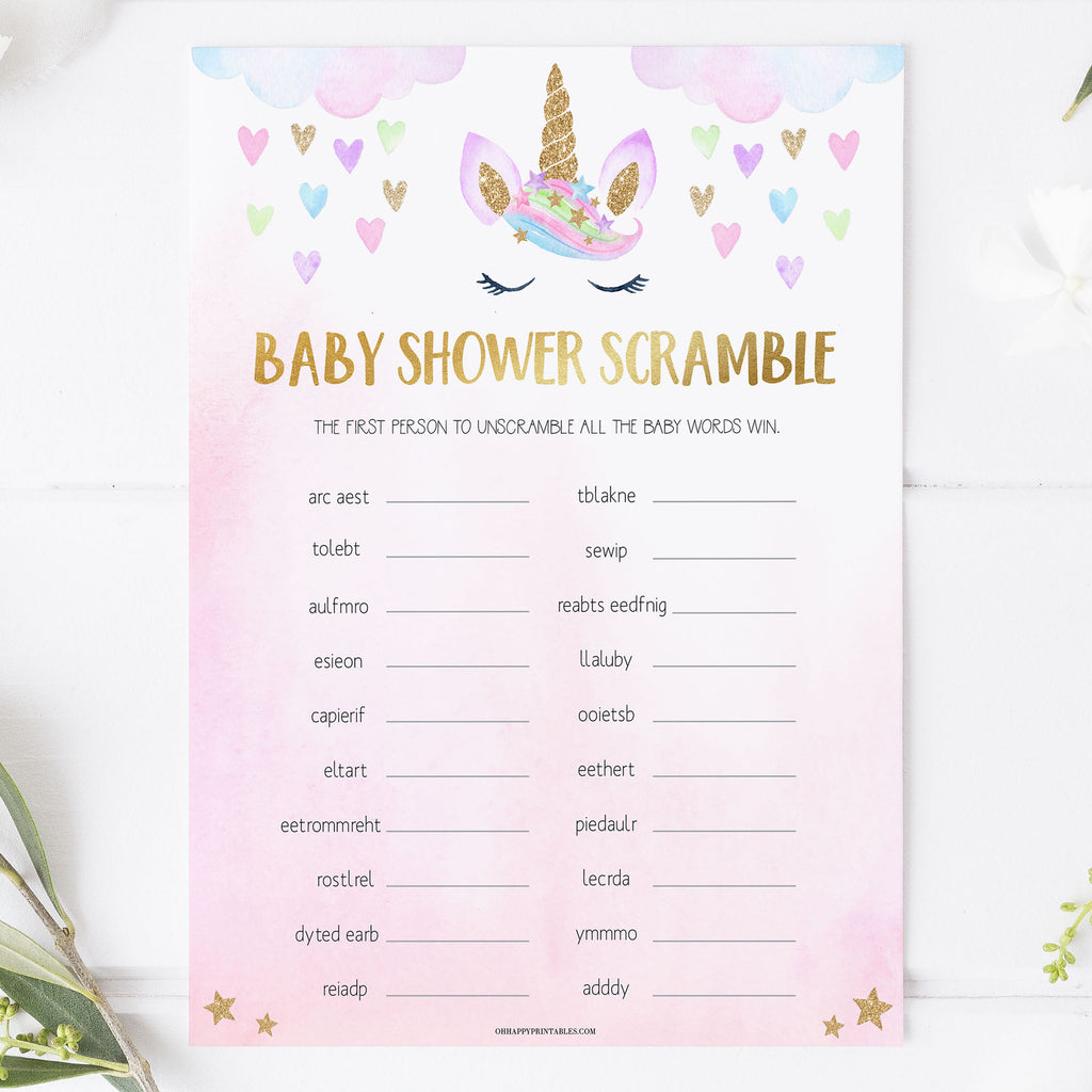Baby Shower Word Scramble - Unicorn Printable Baby Games ...