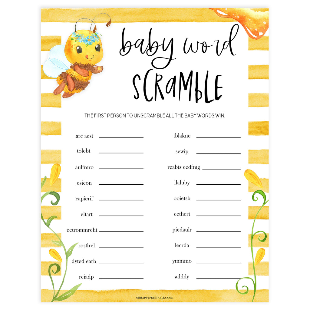 Baby Shower Word Scramble - Mommy To BEE Printable Baby Games ...