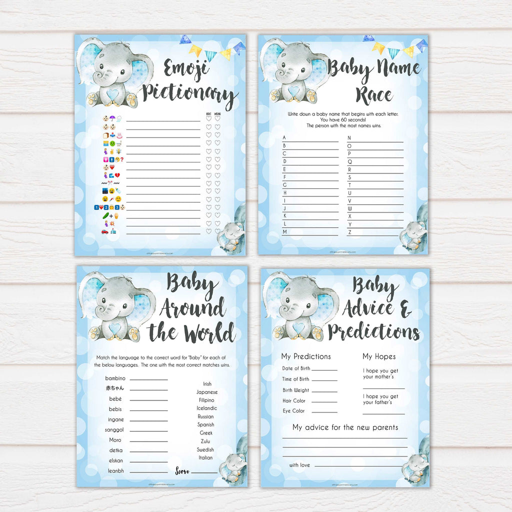 10 Blue Elephant Baby Shower Games Bundle - Printable Baby Games ...