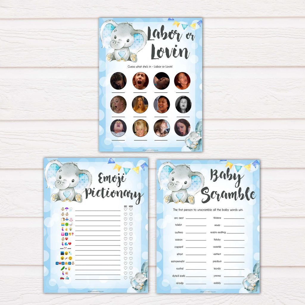 Blue Baby Elephant MEGA 9 Game Pack Bundle - Baby Shower Games ...