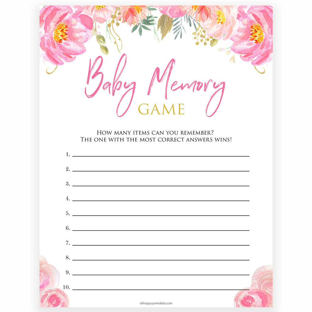 Baby Memory Game - Pink Blush Floral Printable Baby Shower Games ...