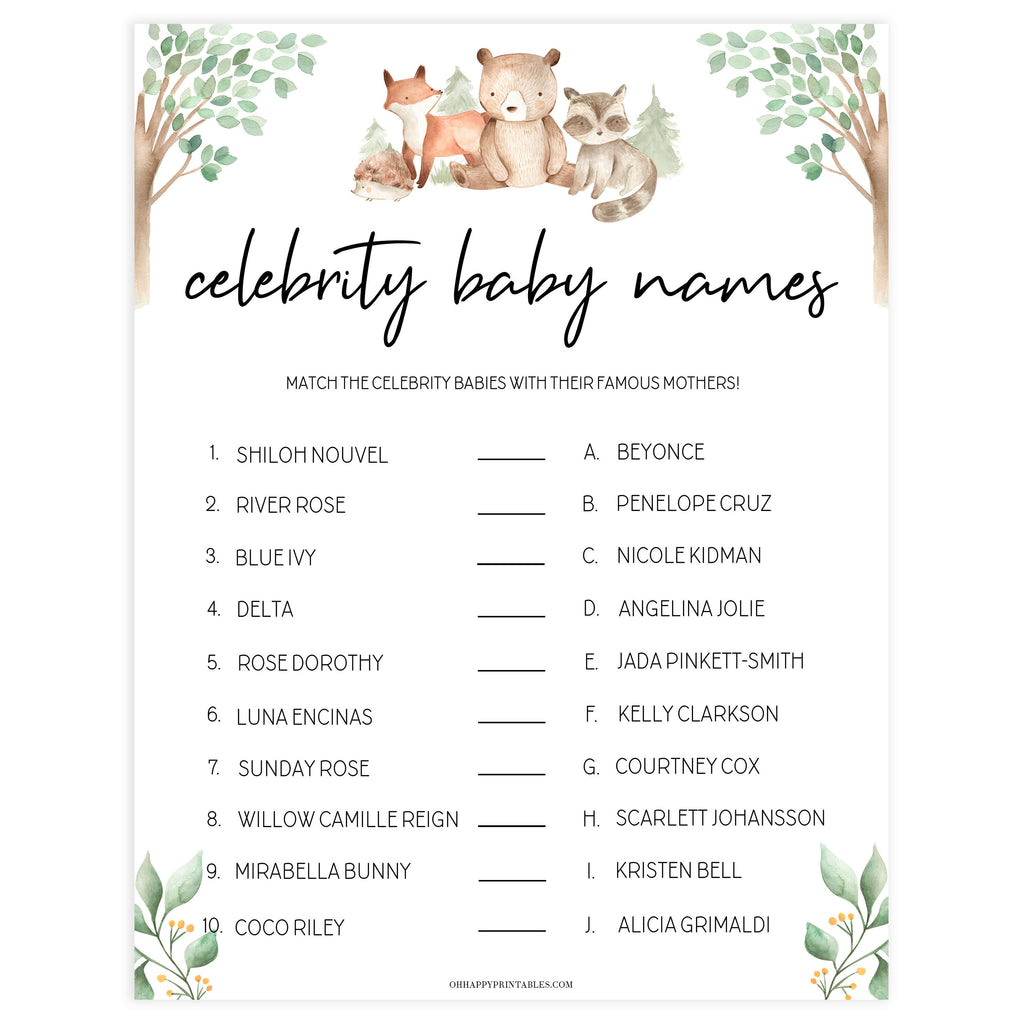Celebrity Baby Names - Woodland Animals Printable Baby Shower Games ...