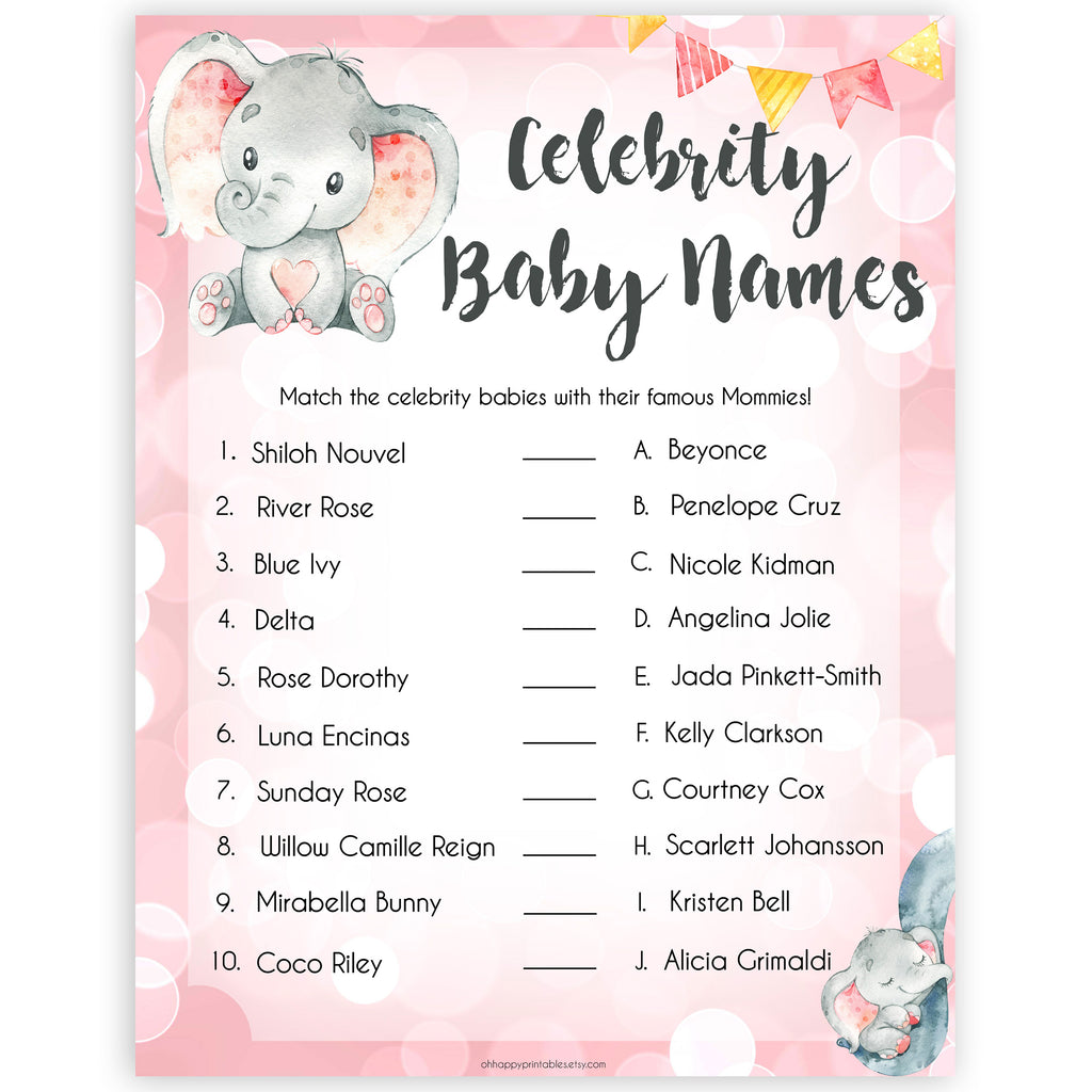 Match The Celebrity Baby Names - Pink Elephant Printable Baby Shower ...