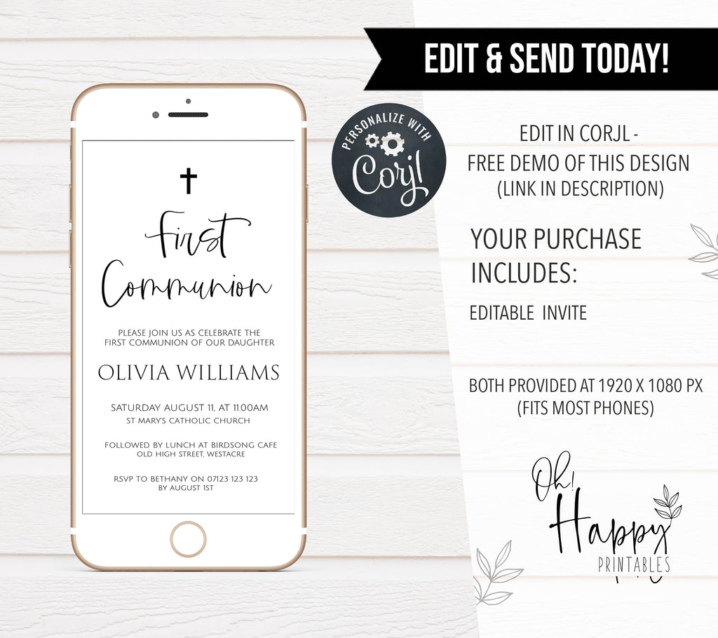 EDITABLE Simple First Communion Mobile Invitation – OhHappyPrintables