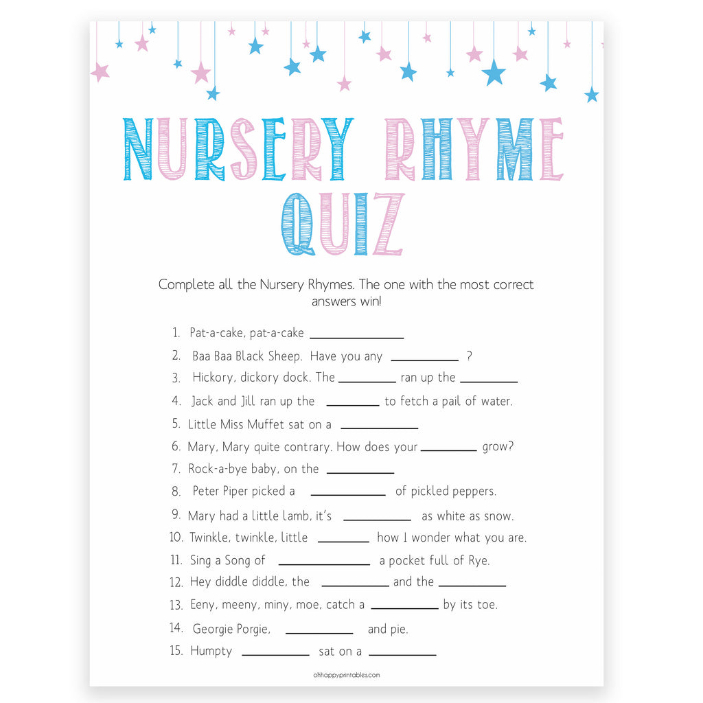 Nursery Rhyme Quiz Game - Gender Reveal Printable Baby Games ...