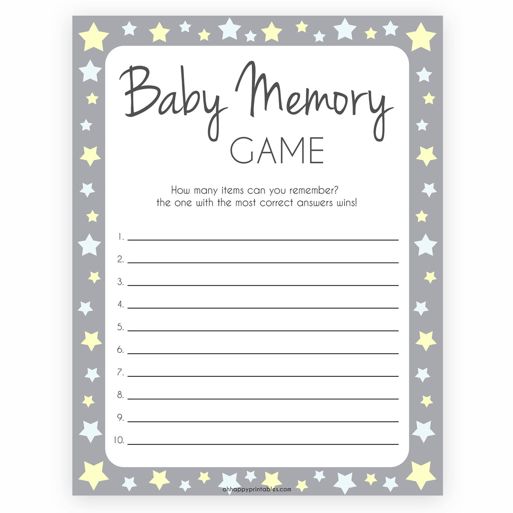 Baby Memory Game - Grey Stars Printable Baby Shower Games ...