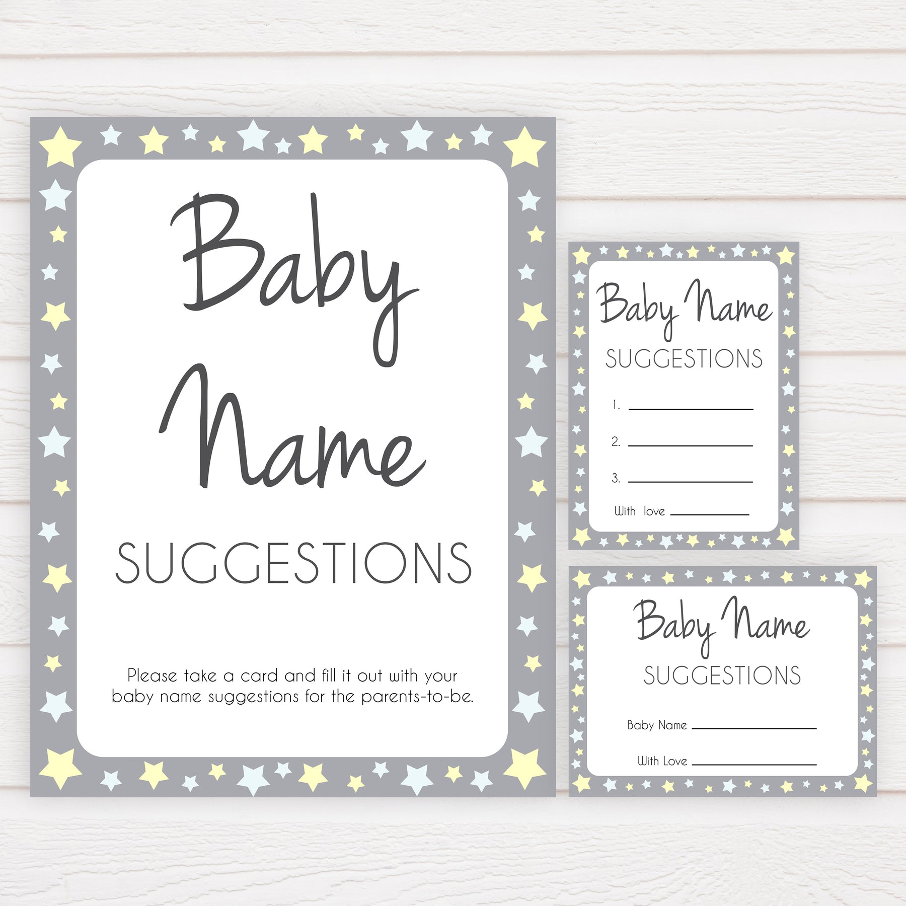 Baby Name Suggestions Game - Grey & Yellow Stars Baby Shower Games ...