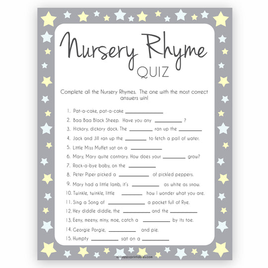 Nursery Rhyme Quiz Game - Grey & Yellow Stars Printable Baby Shower ...