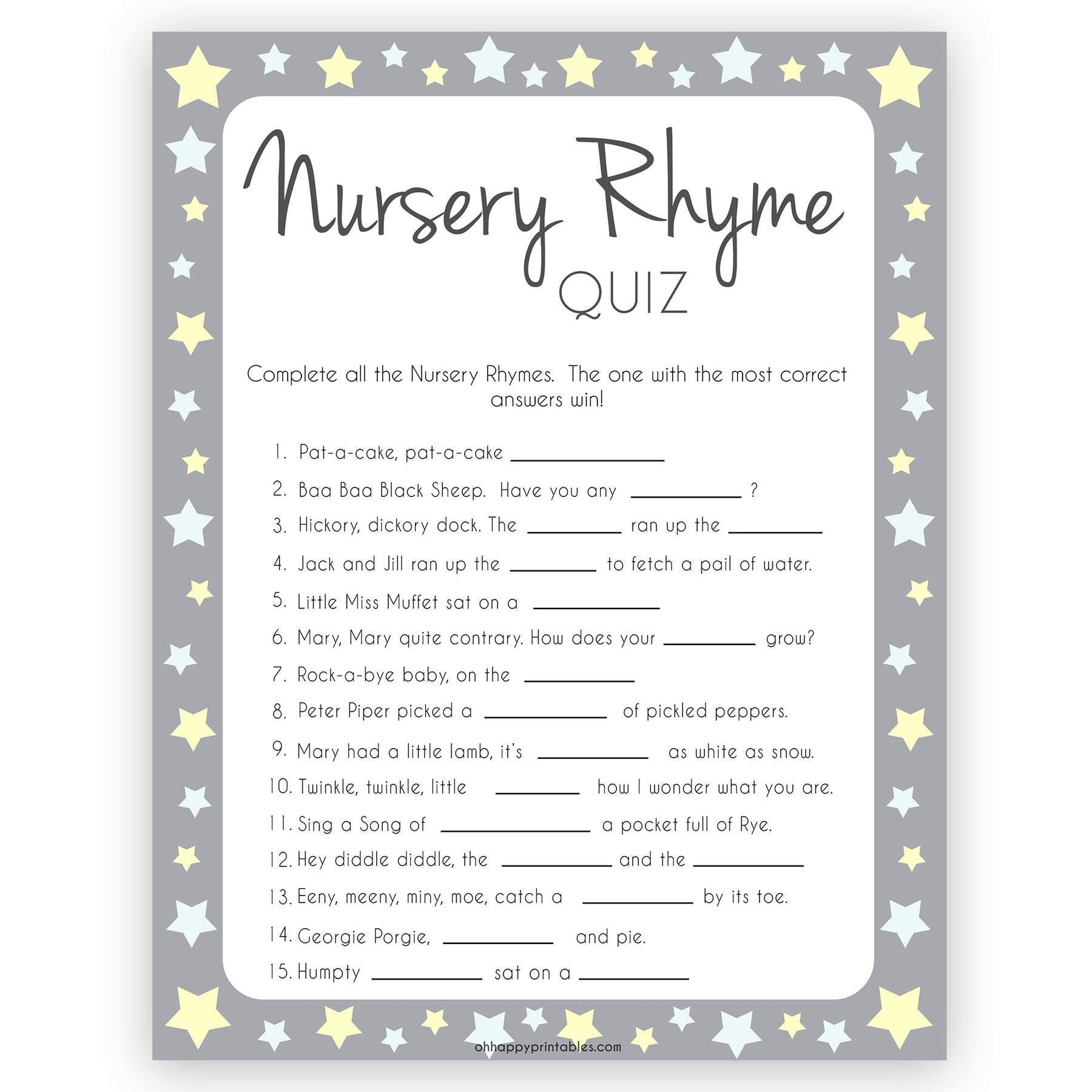 Nursery Rhyme Quiz Game - Grey & Yellow Stars Printable Baby Shower ...