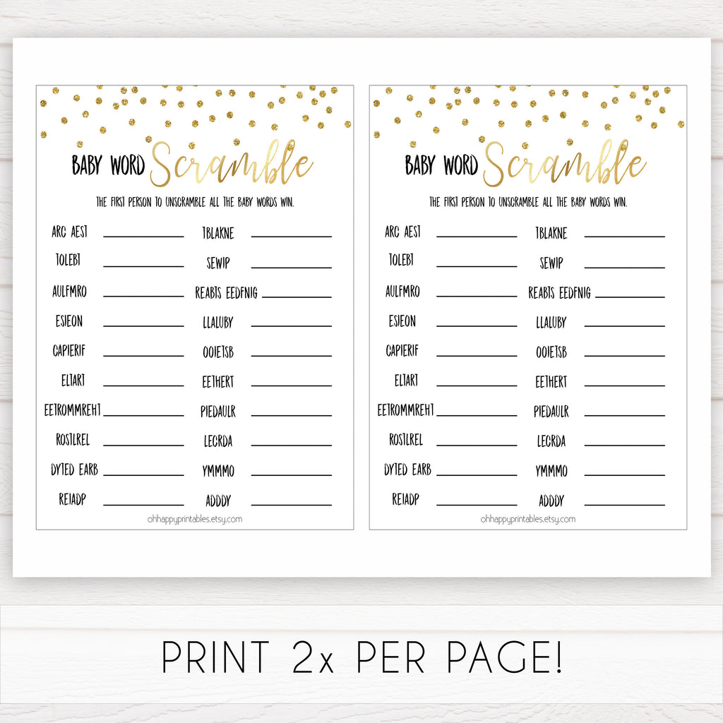 Baby Shower Word Scramble - Gold Confetti | Baby Shower Games ...