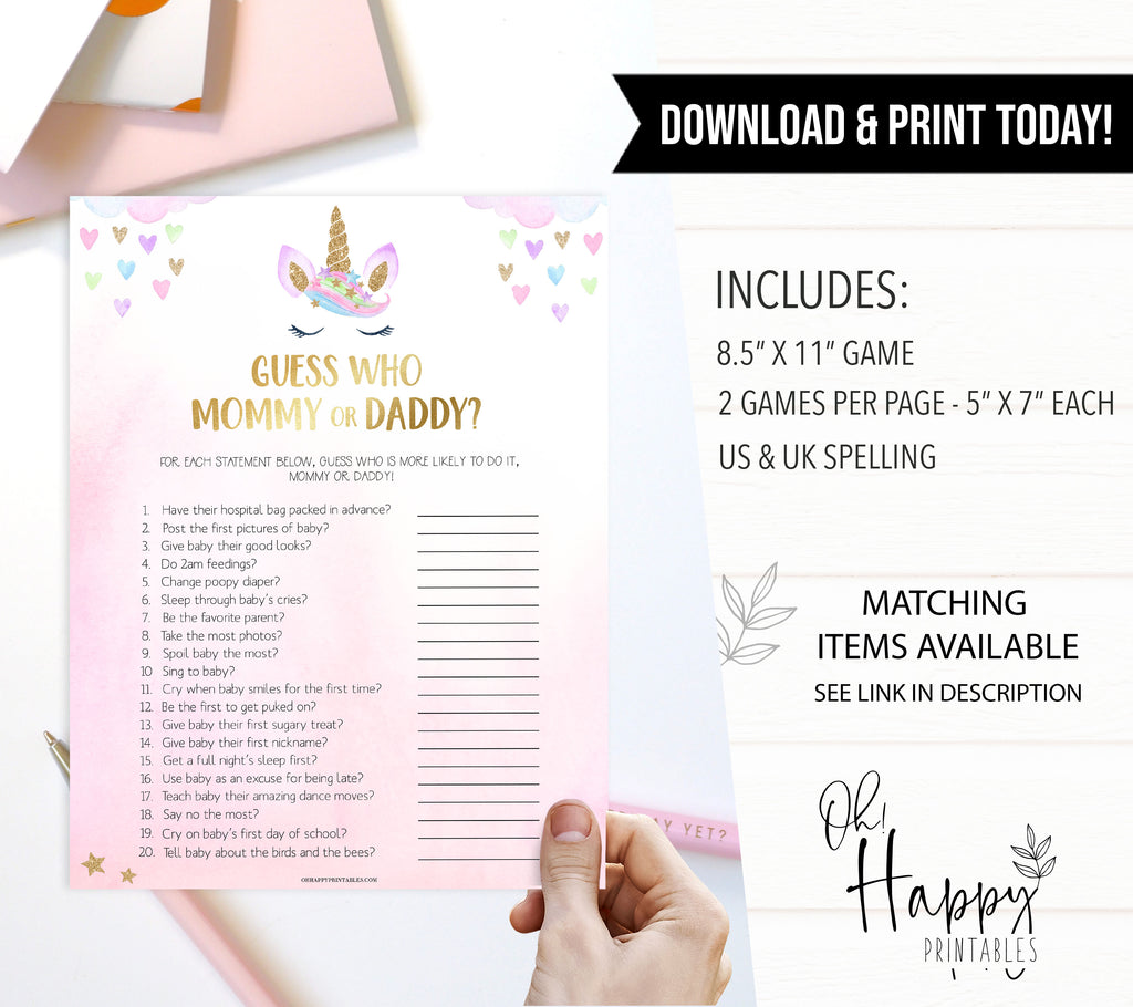Guess Who's Most Like to Say - Unicorn Printable Baby Shower Games ...