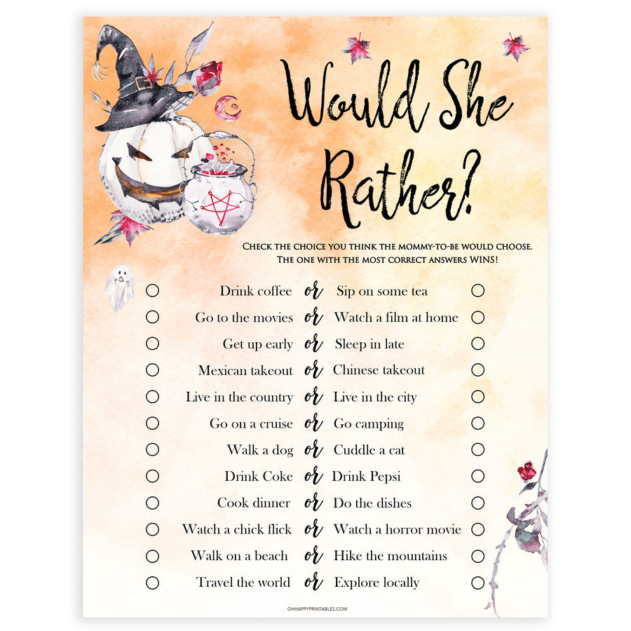 Would She Rather - Printable Halloween Pumpkin Baby Shower Games ...