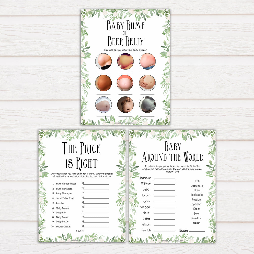 Green Leaf Printable Baby Shower Games 7 Pack Bundle - Baby Shower ...