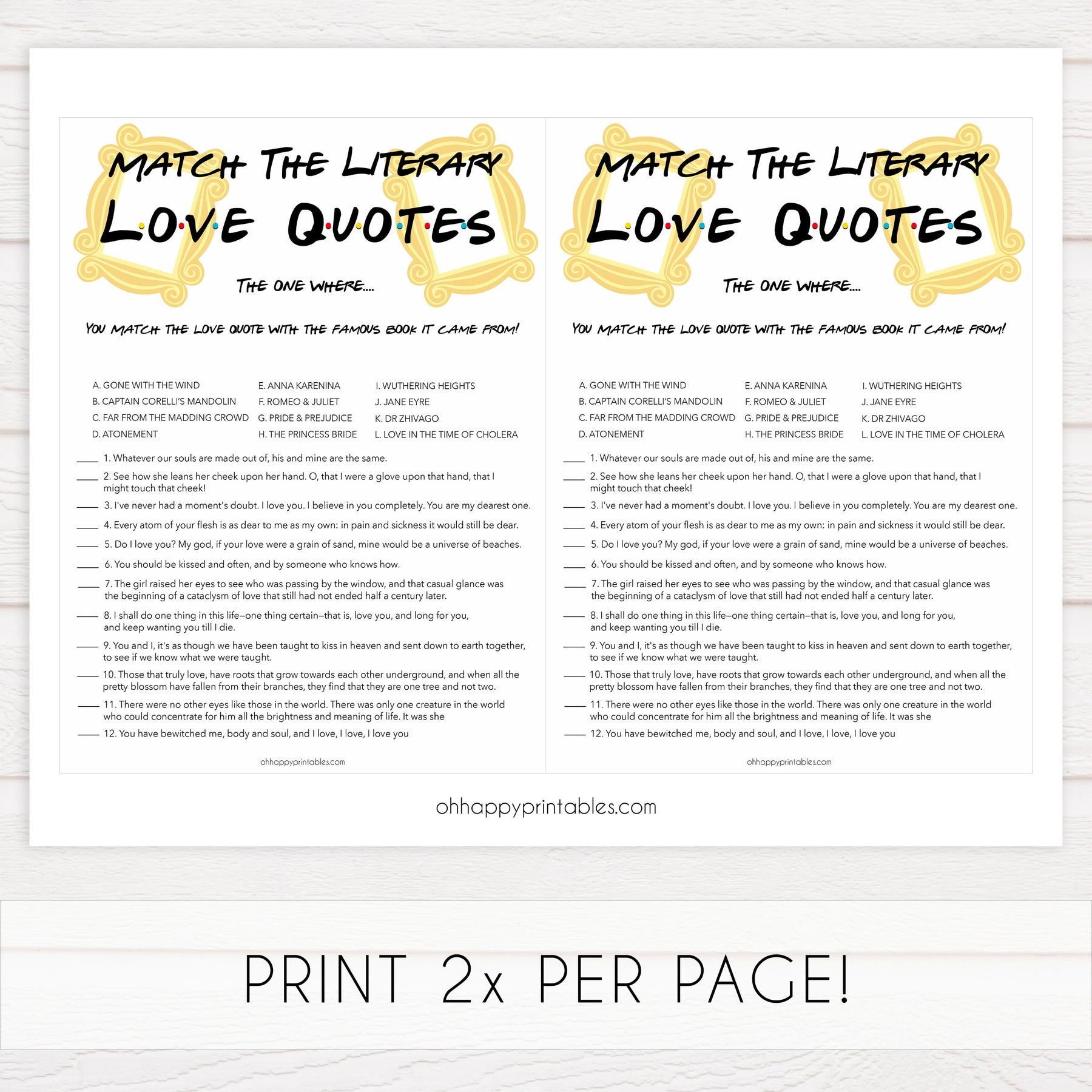 Literary Love Quotes Game - Printable Friends Bridal Shower Games ...