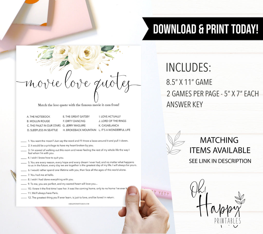 Movie Love Quotes Game - Printable White Floral Bridal Shower Games ...