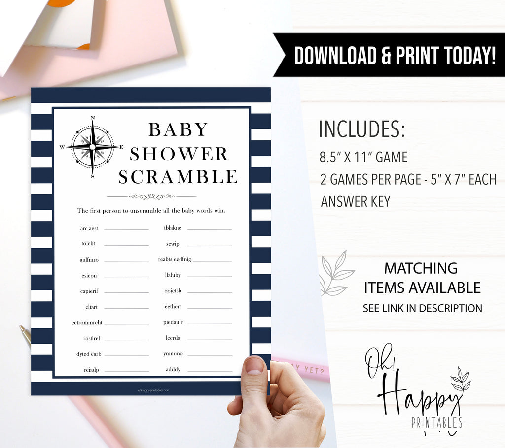 Baby Shower Word Scramble - Nautical Printable Baby Shower Games ...