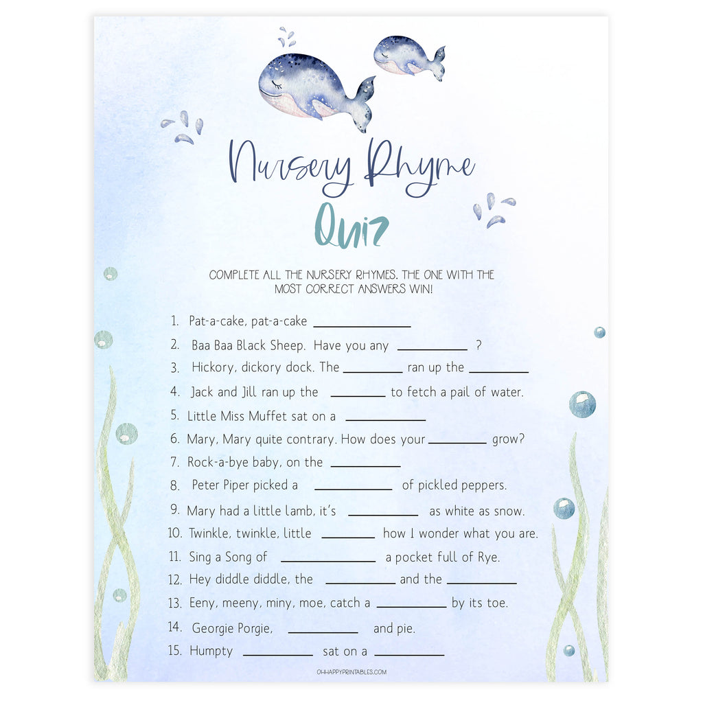 Nursery Rhyme Quiz Game - Whale Printable Baby Shower Games ...