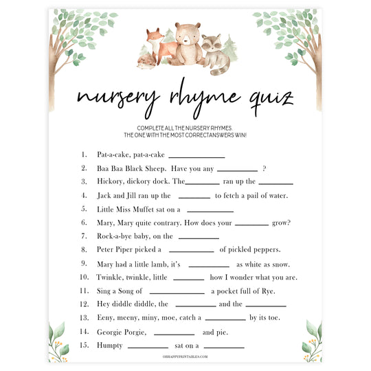 Nursery Rhyme Quiz Game - Woodland Animals Printable Baby Shower Games ...