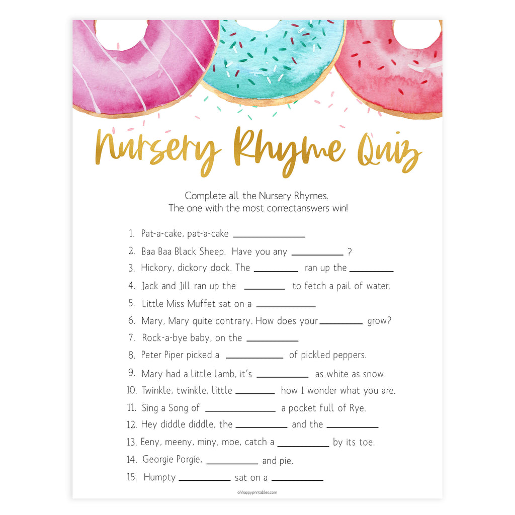 Nursery Rhyme Quiz Game - Donut Printable Baby Shower Games ...