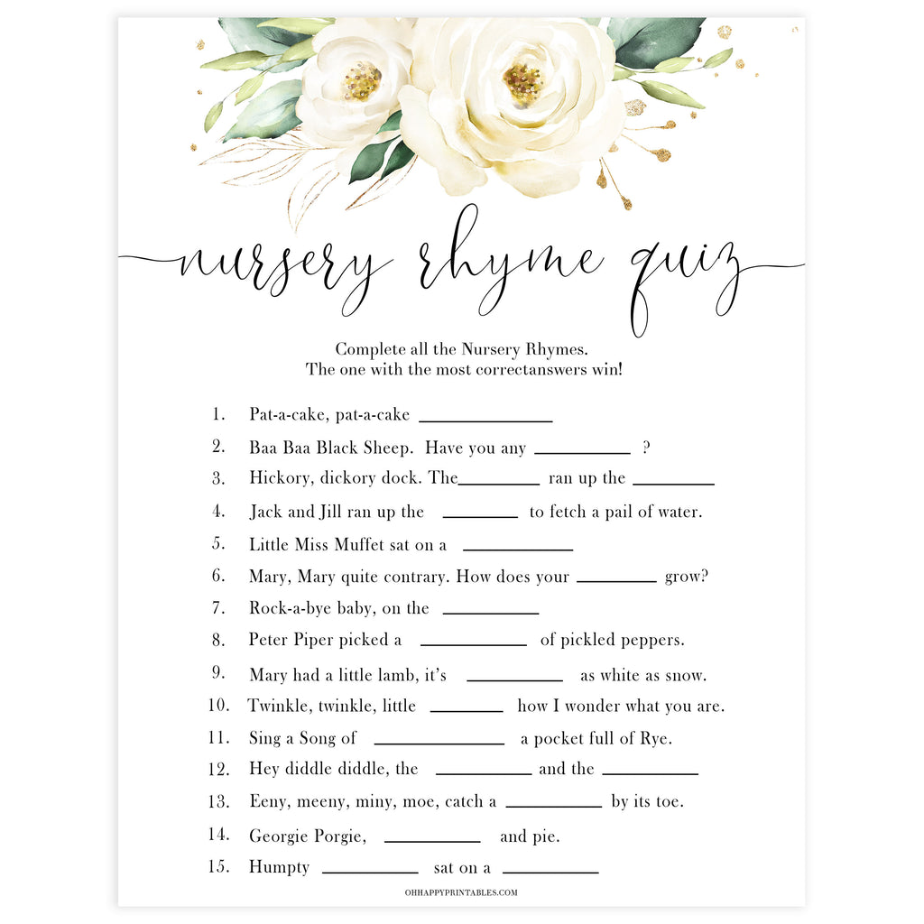 Nursery Rhyme Quiz Game - White Floral Printable Baby Shower Games ...