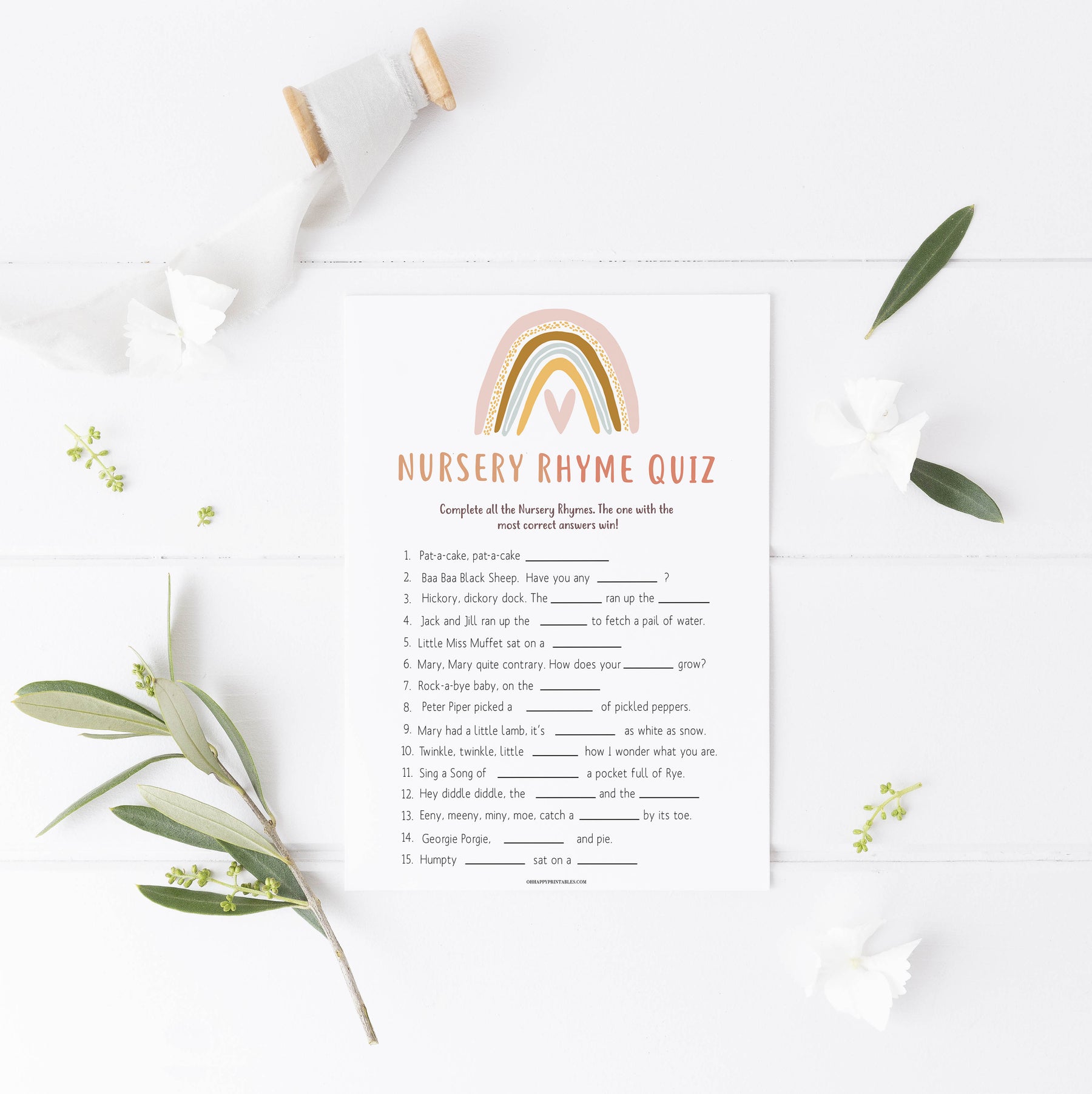 Nursery Rhyme Quiz Game - Boho Rainbow Printable Baby Shower Games ...