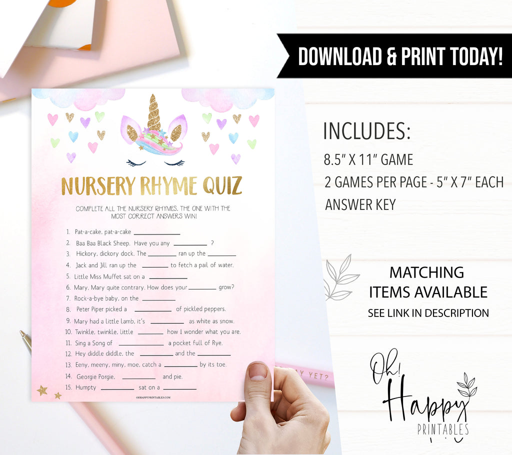 Nursery Rhyme Quiz Game - Unicorn Printable Baby Shower Games ...