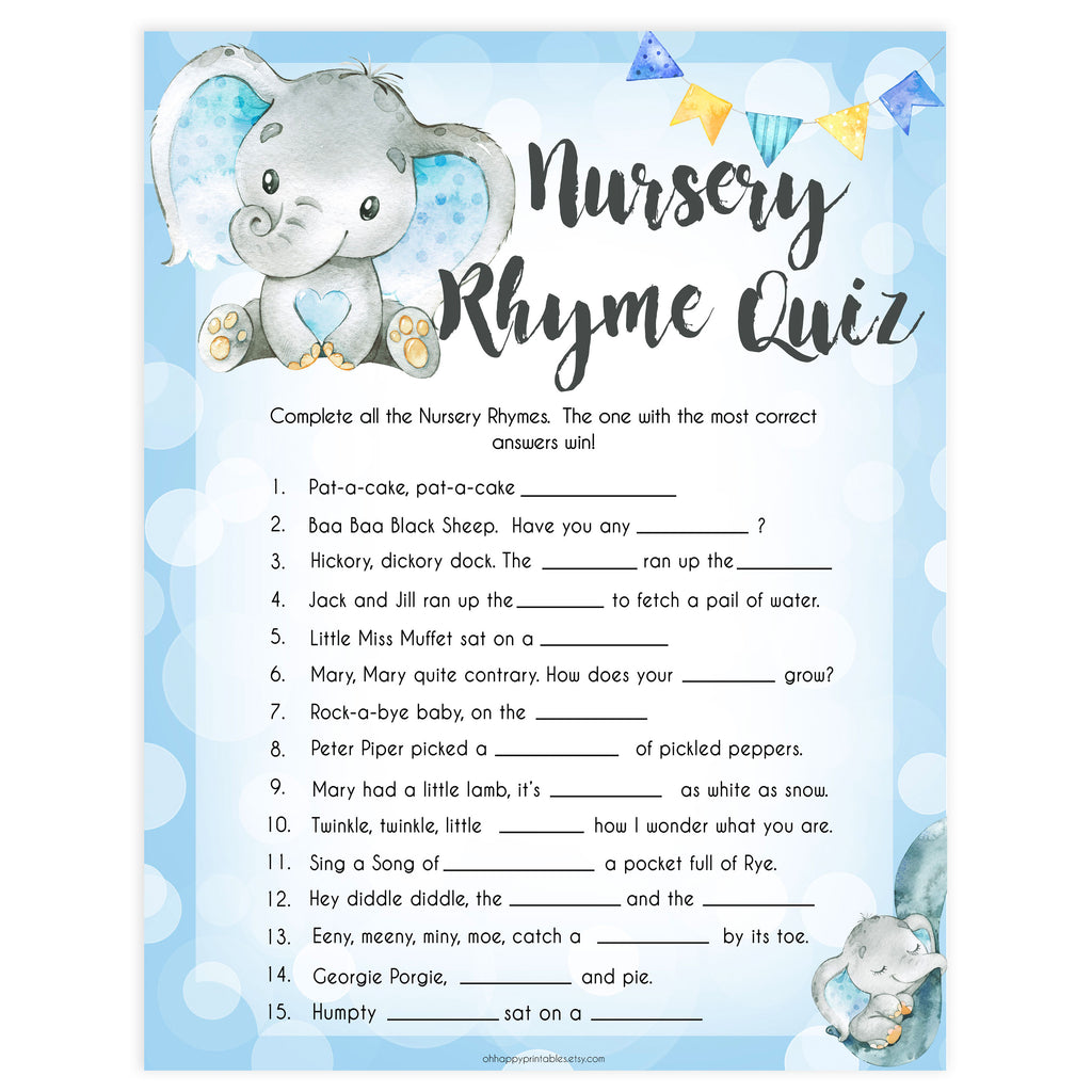 Nursery Rhyme Quiz Game - Blue Elephants Printable Baby Games ...