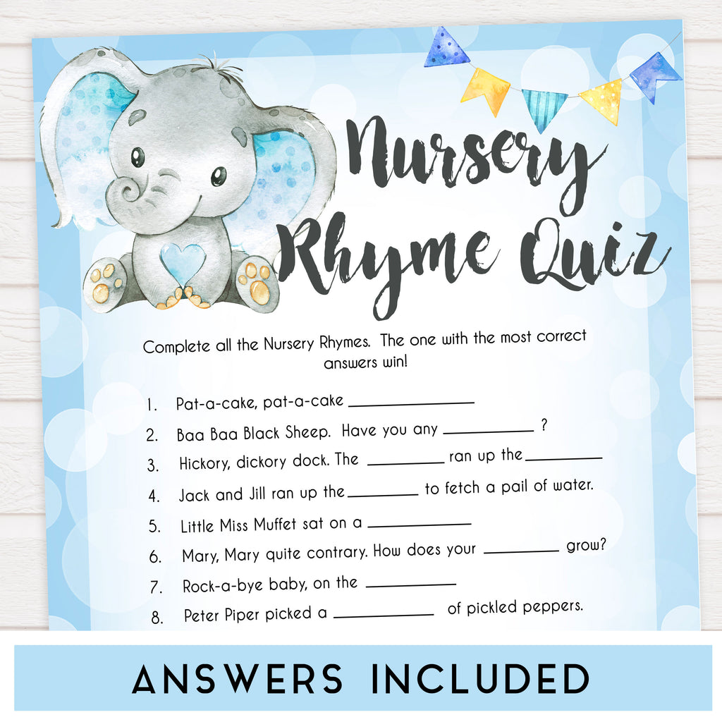 Nursery Rhyme Quiz Game - Blue Elephants Printable Baby Games ...