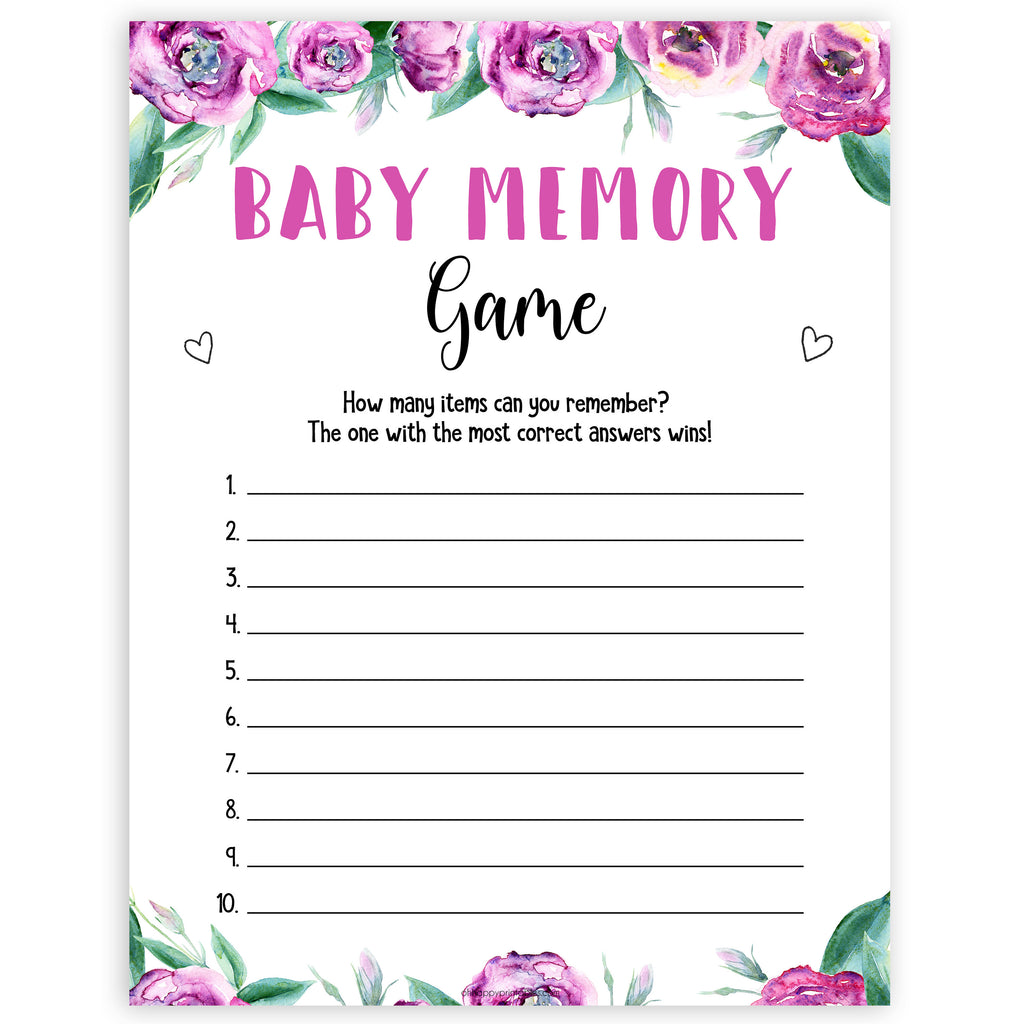 Baby Memory Game - Purple Peonies Printable Baby Shower Games ...