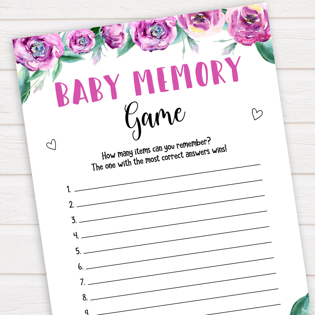 Baby Memory Game - Purple Peonies Printable Baby Shower Games ...