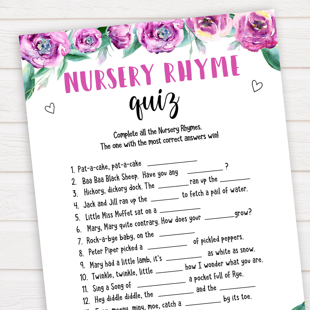 Nursery Rhyme Quiz Game - Purple Peonies Printable Baby Shower Games ...