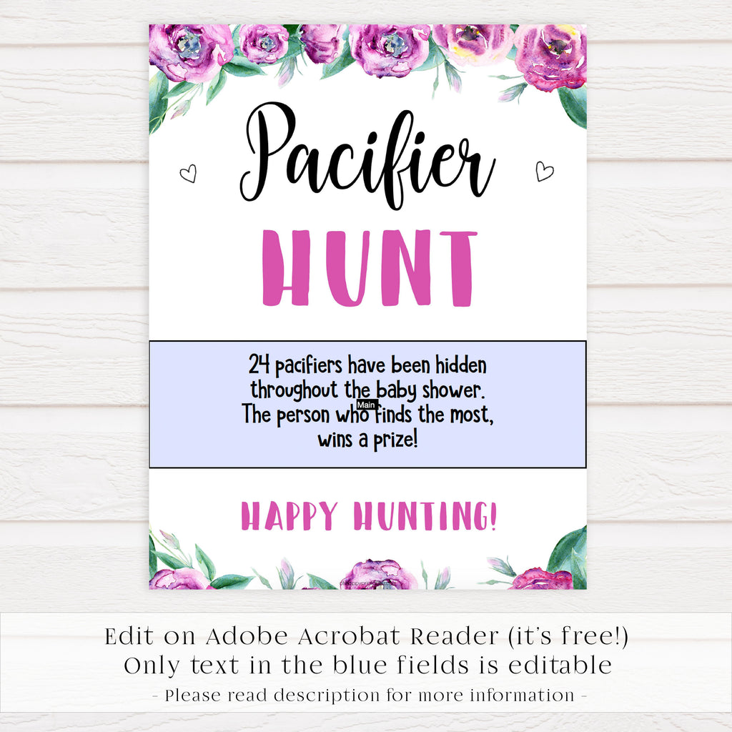 Pacifier Hunt - Purple Peonies Printable Baby Games – OhHappyPrintables