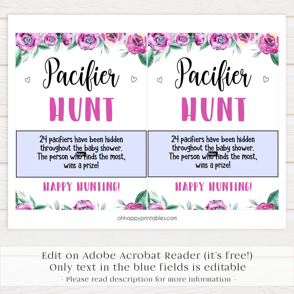 Pacifier Hunt - Purple Peonies Printable Baby Games – OhHappyPrintables