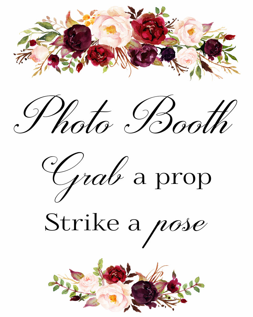 Photo Booth Grab a Prop Marsala Burgundy White Style Sign Printable ...