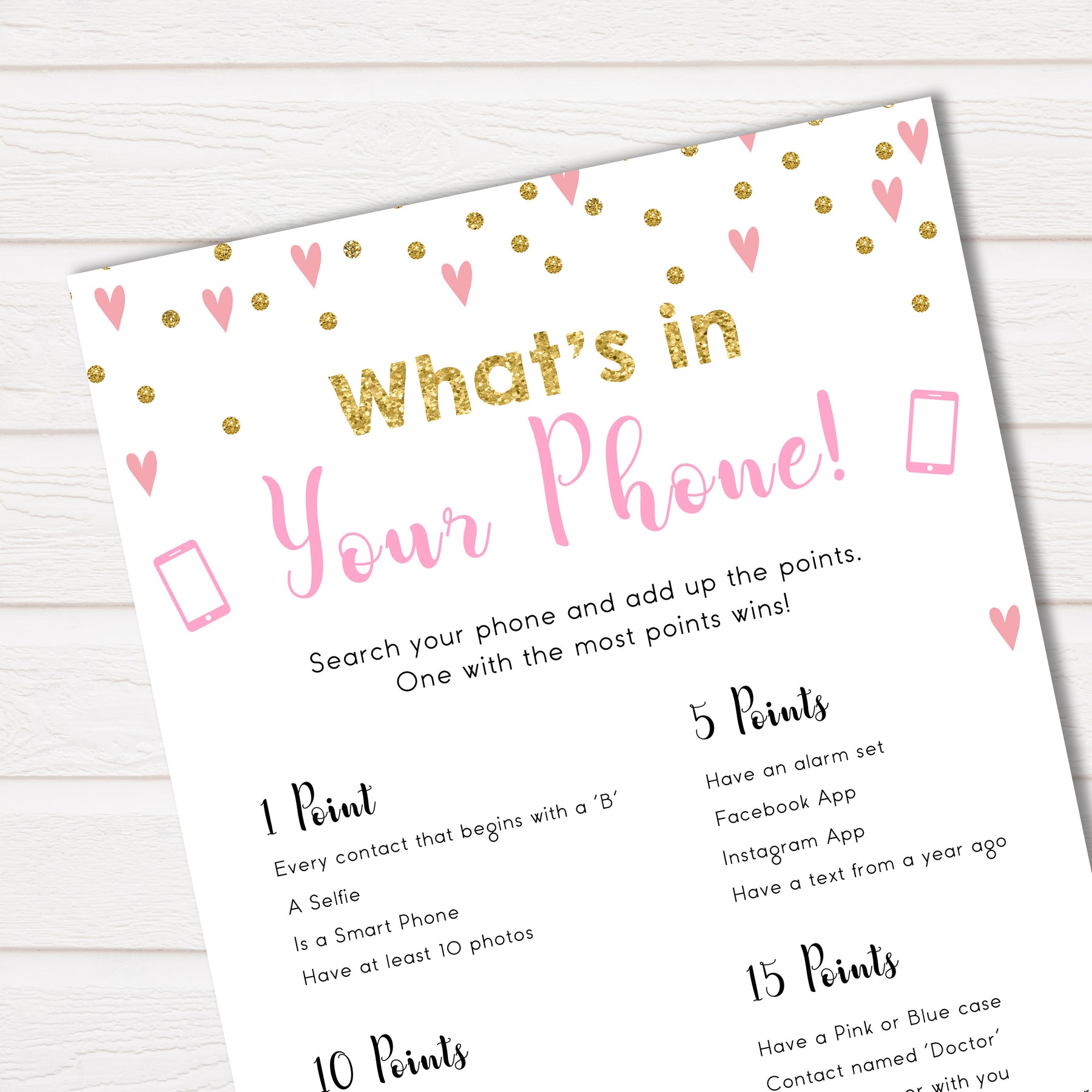 Whats In Your Phone Game - Pink Hearts Printable Baby Shower Games ...