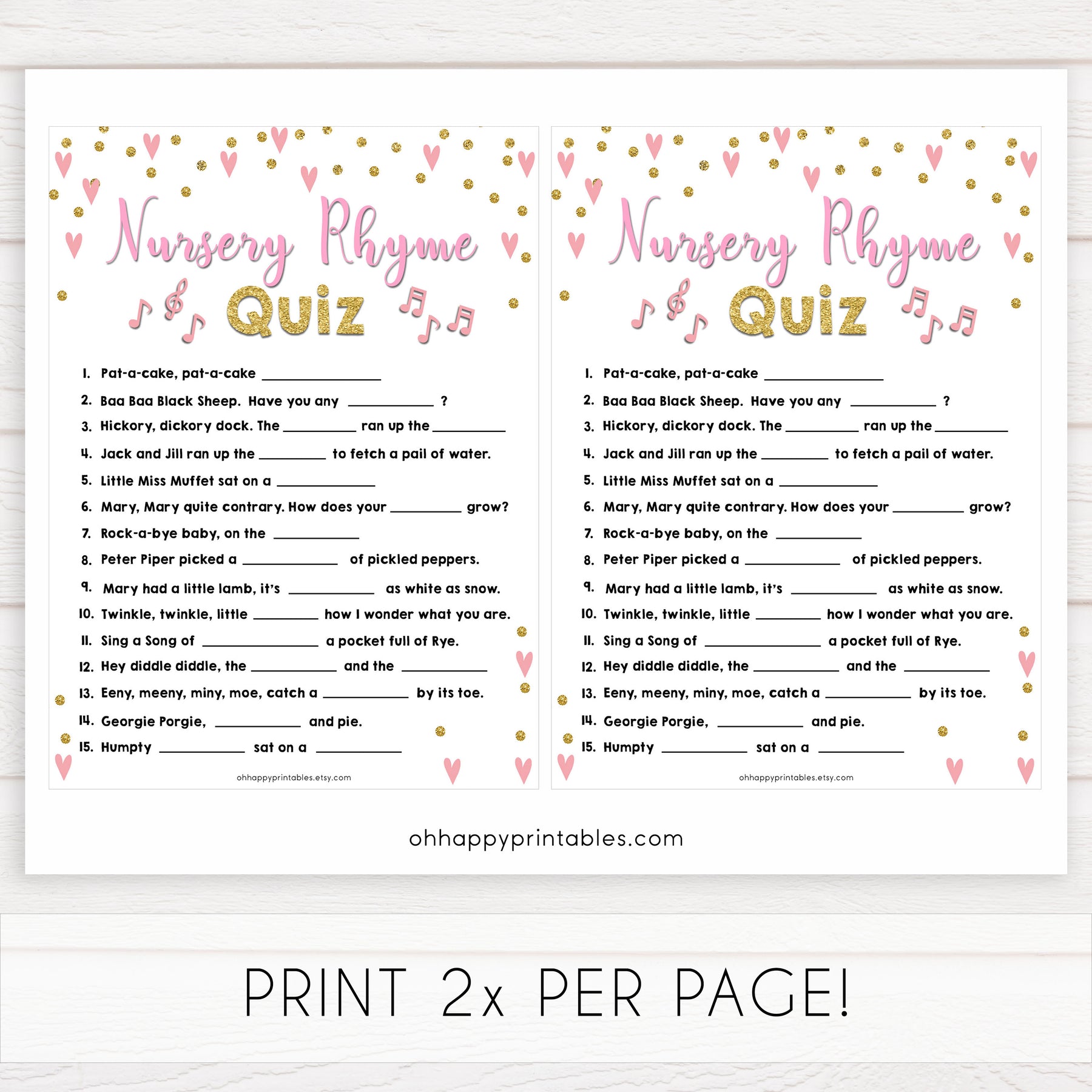 Nursery Rhyme Quiz Baby Game - Pink Hearts Baby Shower Games ...