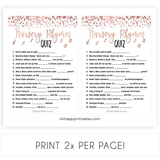 Nursery Rhyme Quiz Game - Rose Gold Printable Baby Shower Games ...