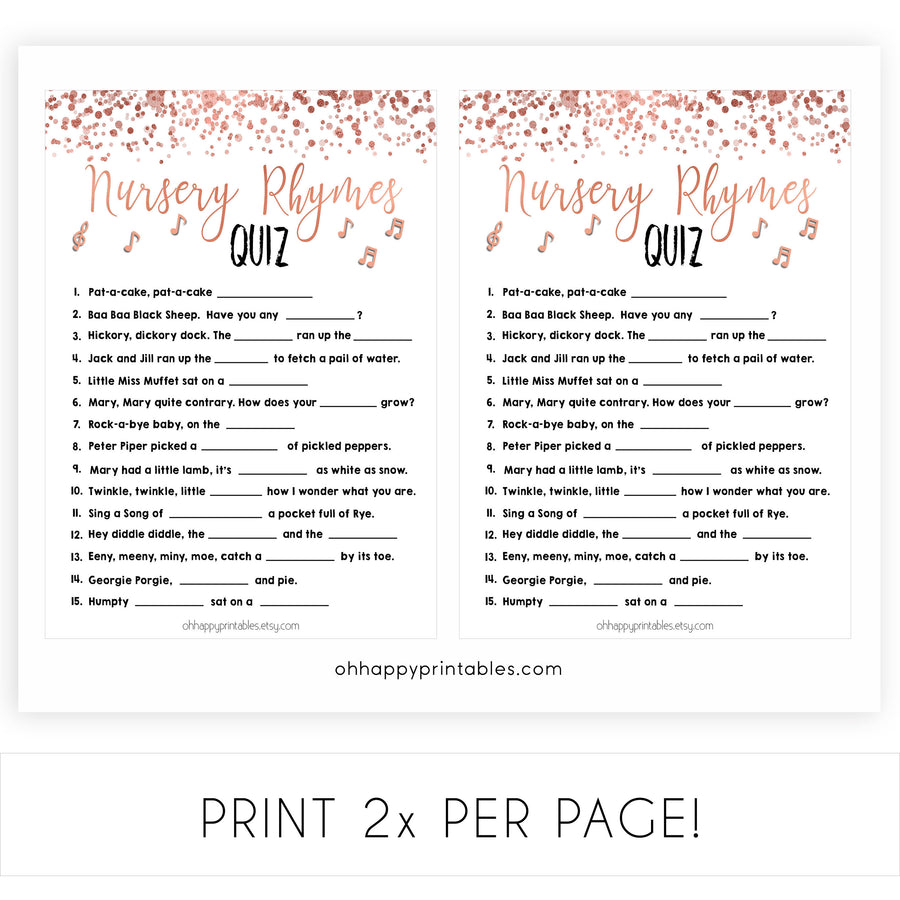 Nursery Rhyme Quiz Game - Rose Gold Printable Baby Shower Games ...